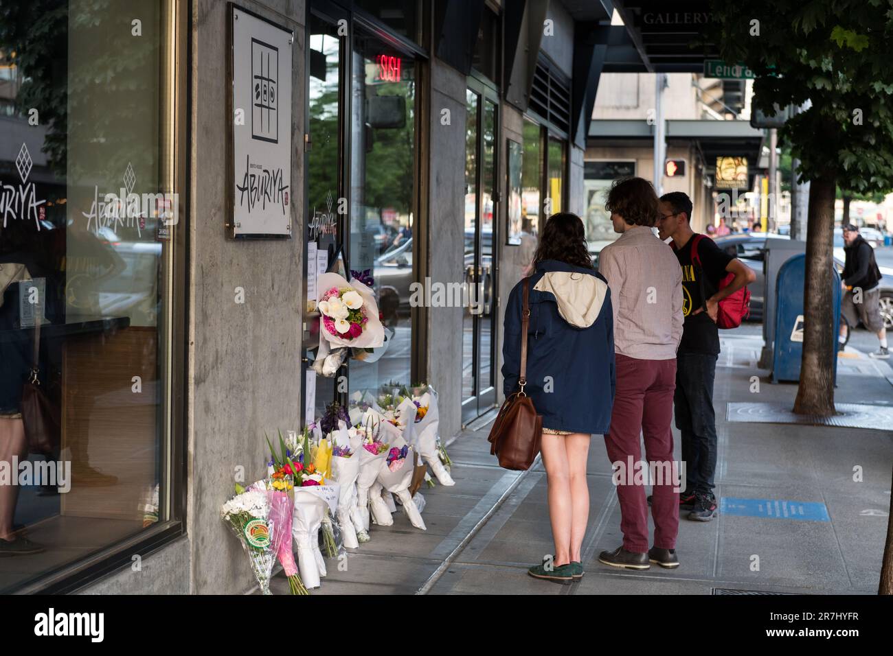 Seattle, USA. 15 Jun, 2023. The memorial outside the closed Aburiya ...