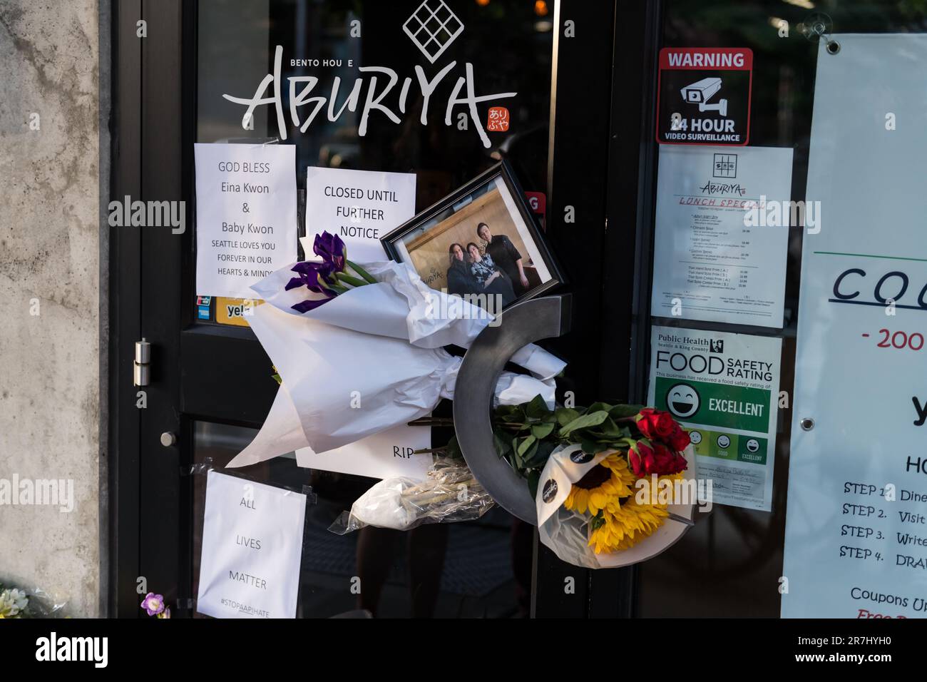 Seattle, USA. 15 Jun, 2023. The memorial outside the closed Aburiya ...