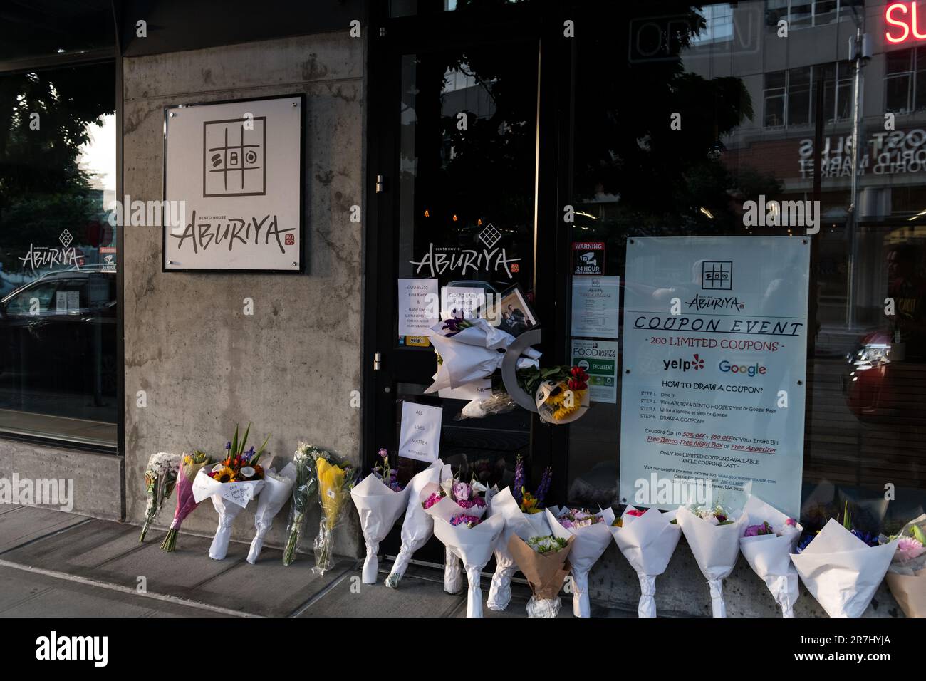 Seattle, USA. 15 Jun, 2023. The memorial outside the closed Aburiya ...