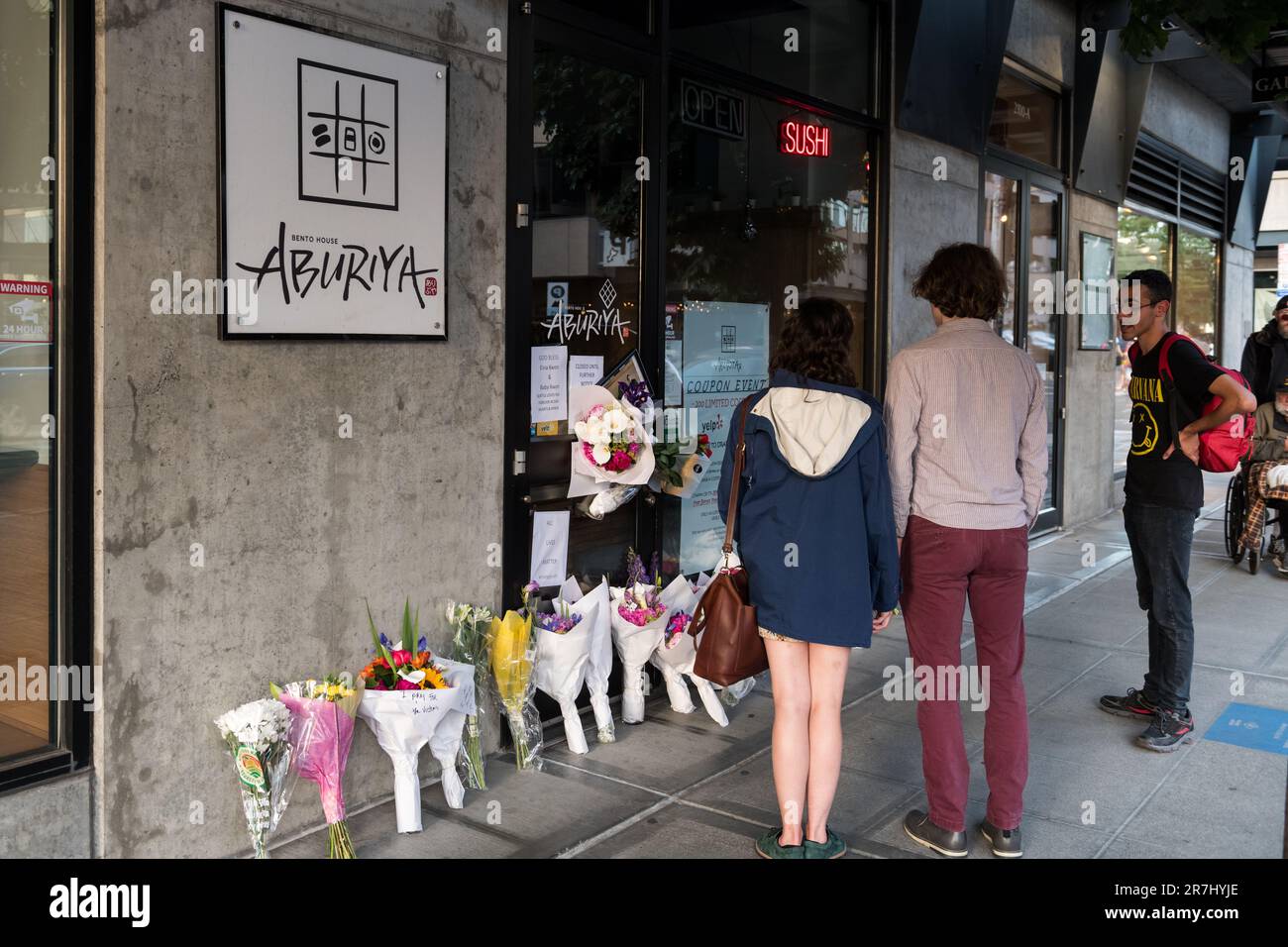 Seattle, USA. 15 Jun, 2023. The memorial outside the closed Aburiya ...
