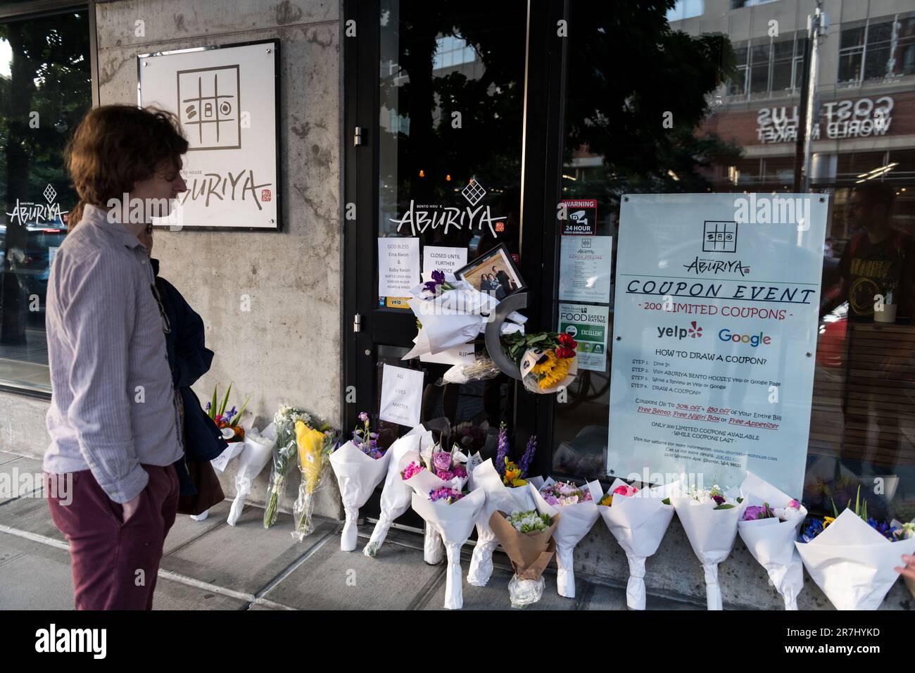 Seattle, USA. 15 Jun, 2023. The memorial outside the closed Aburiya ...