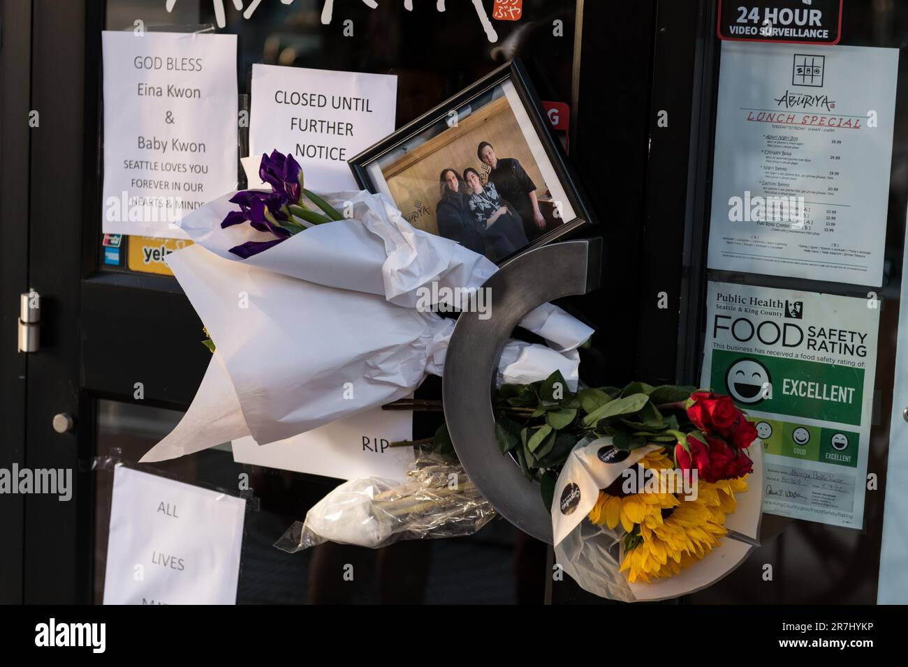 Seattle, USA. 15 Jun, 2023. The memorial outside the closed Aburiya ...
