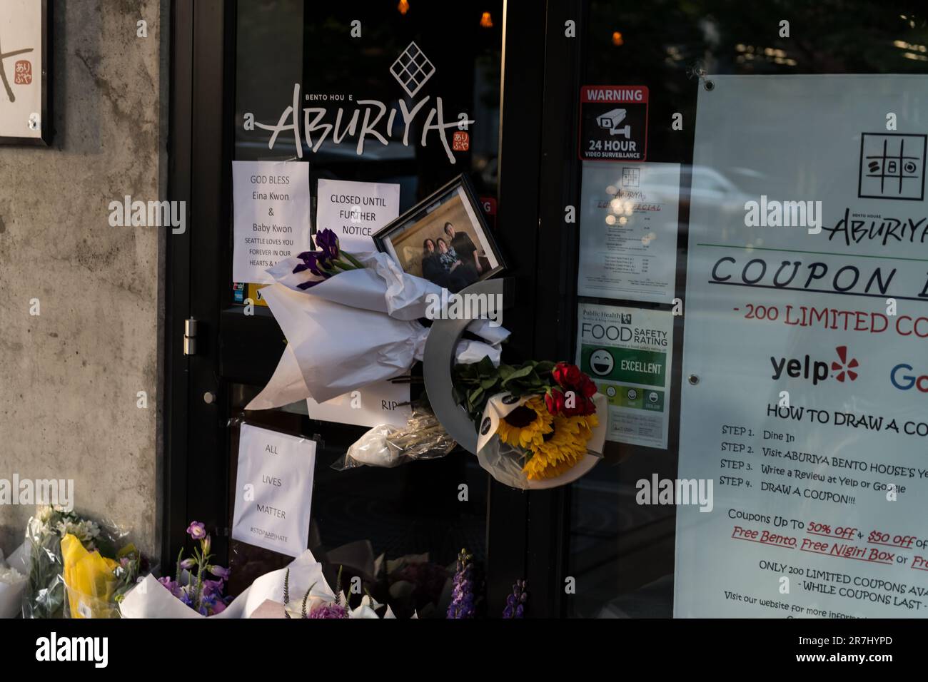 Seattle, USA. 15 Jun, 2023. The memorial outside the closed Aburiya ...