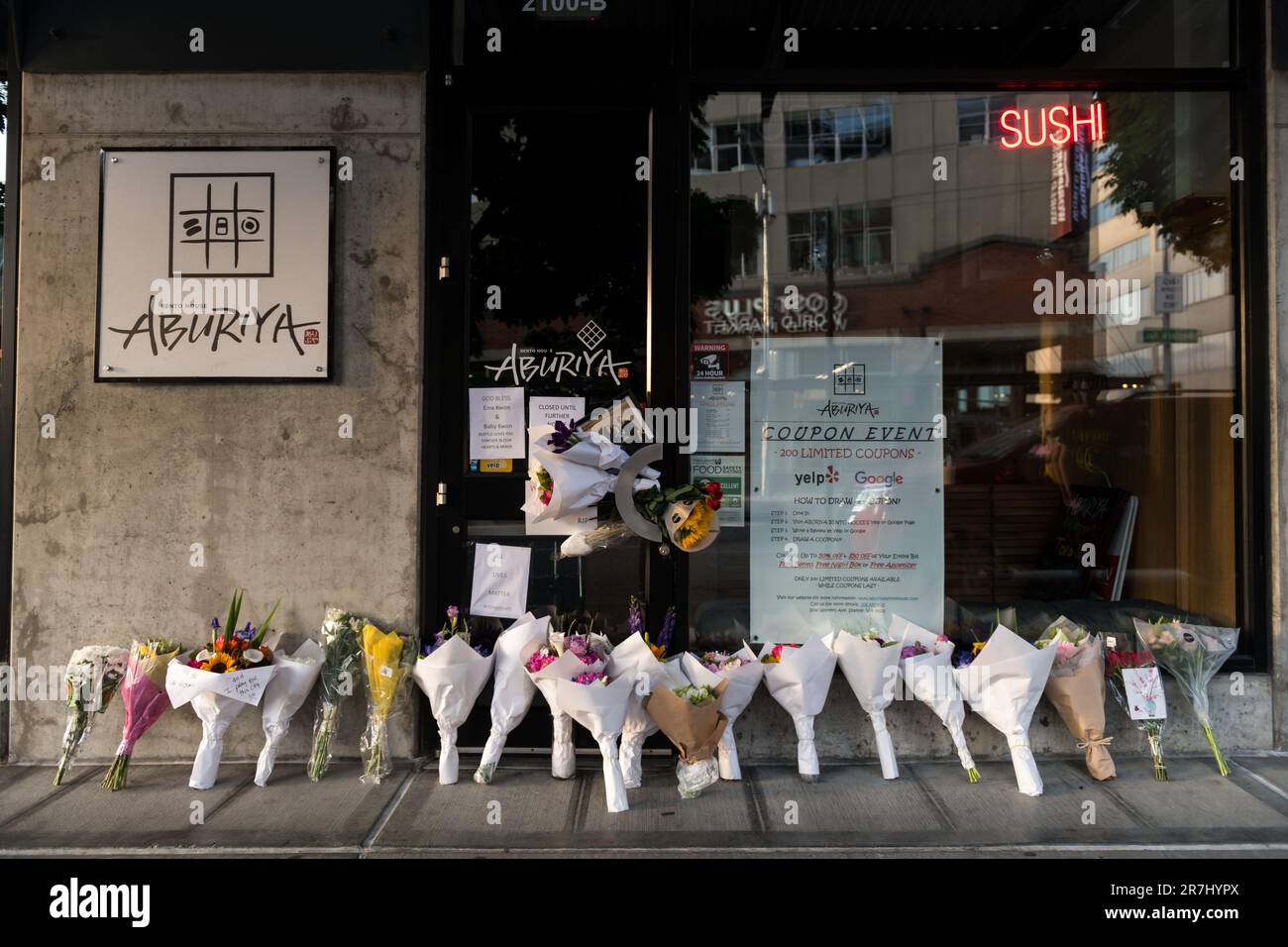 Seattle, USA. 15 Jun, 2023. The memorial outside the closed Aburiya ...