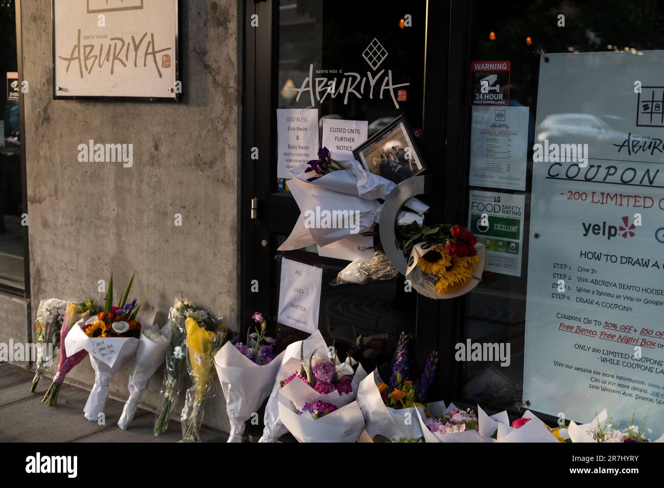 Seattle, USA. 15 Jun, 2023. The memorial outside the closed Aburiya ...