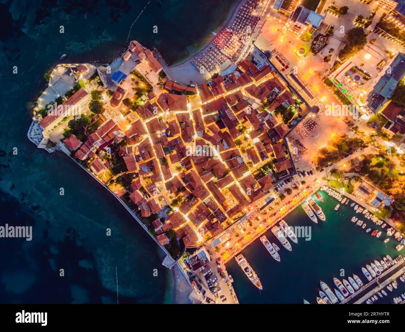 Budva city lights from Montenegro seen from above. Night view. Drone ...