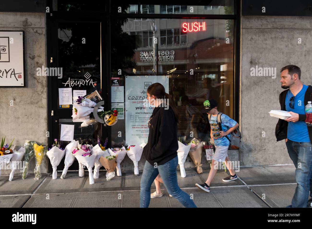 Seattle, USA. 15 Jun, 2023. The memorial outside the closed Aburiya ...
