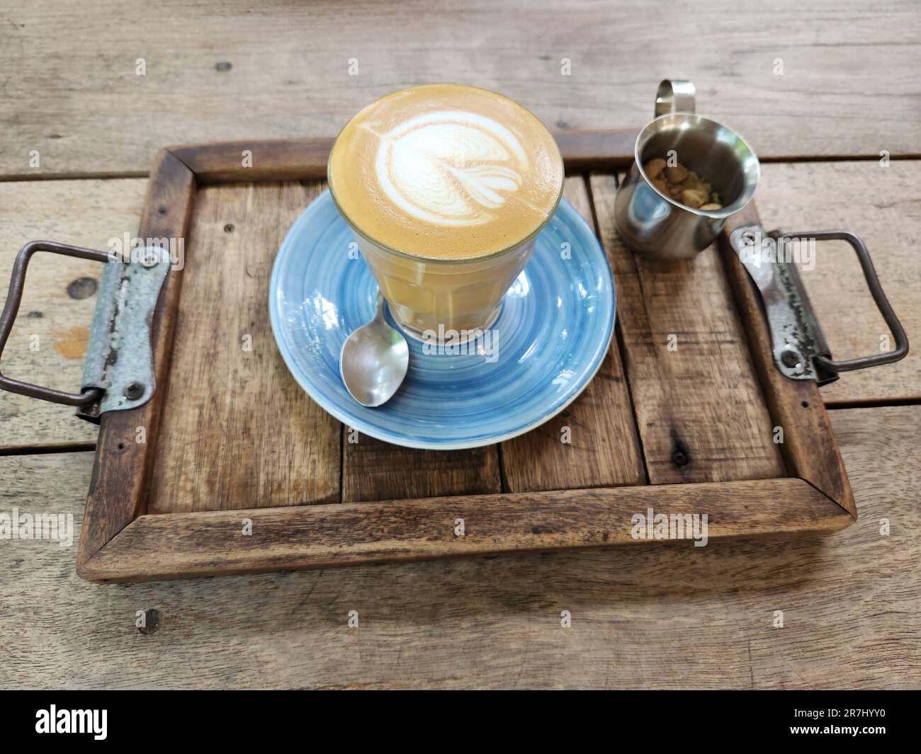 Cup of coffee in top view wooden table background Stock Photo - Alamy