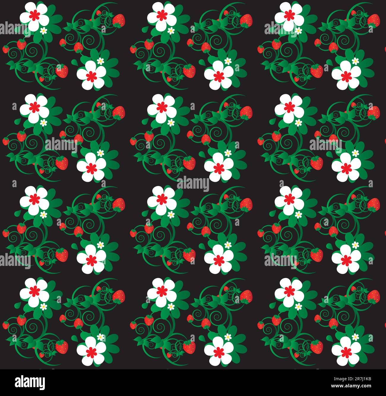 strawberry with flower seamless texture on black background Stock ...