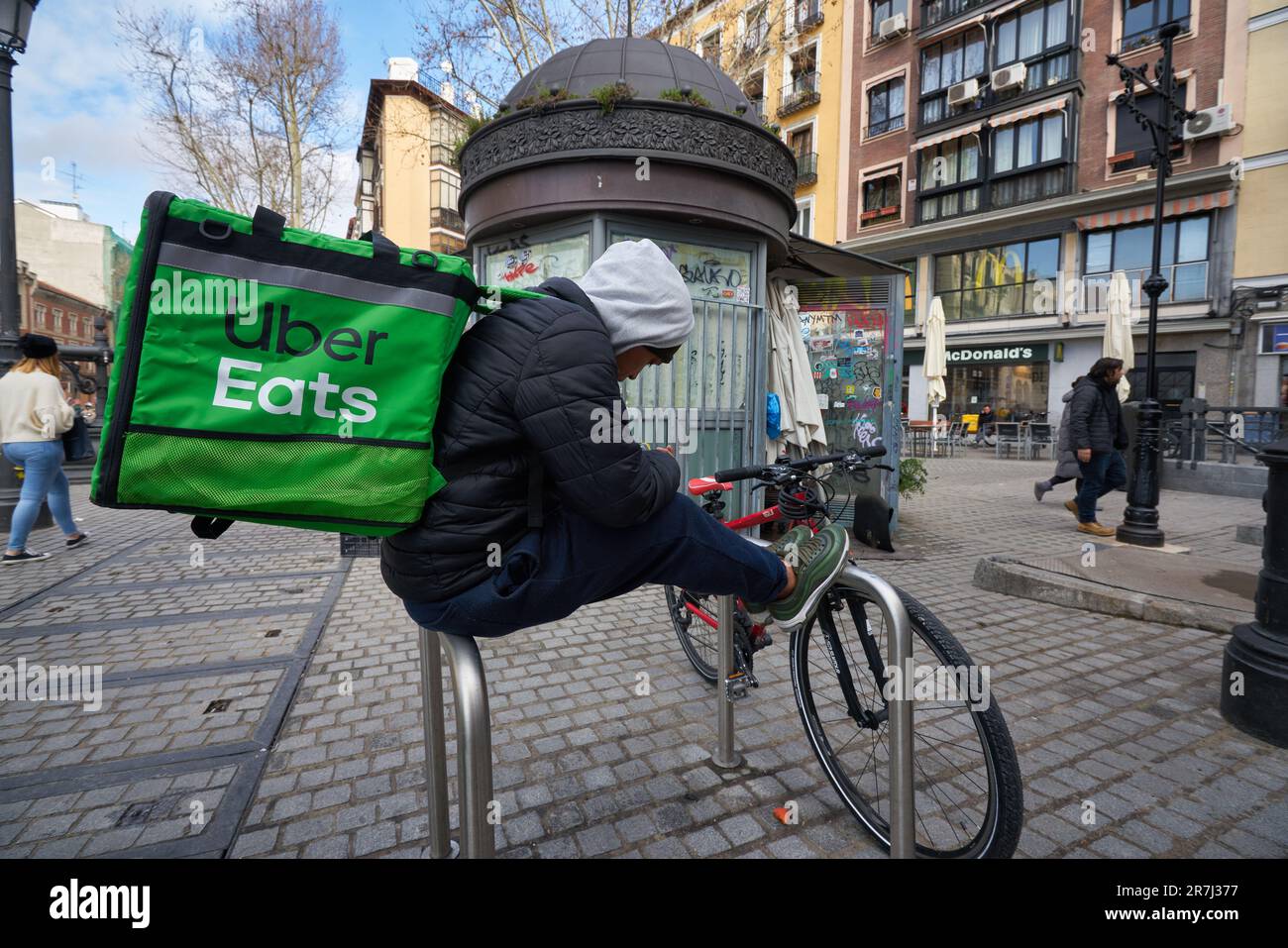 MADRID, SPAIN - CIRCA JANUARY, 2020: Uber Eats rider seen in Madrid ...