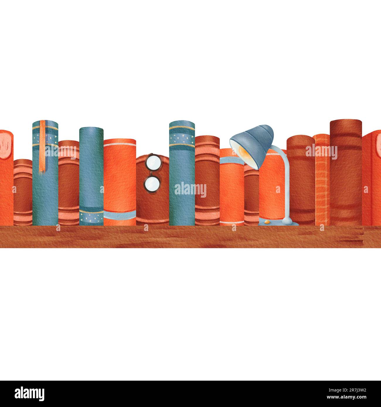 Seamless border. A bookshelf with a lot of books, with a desk lamp and ...