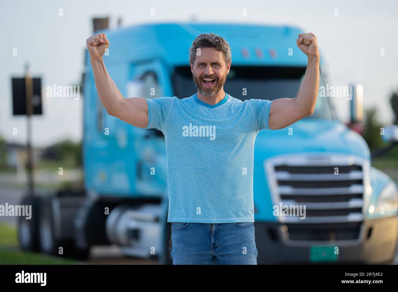 Men driver near lorry truck. Truck driver. Trucking owner ...