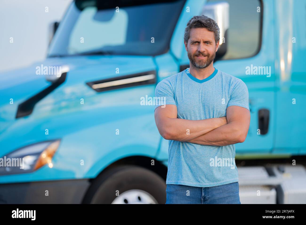 Men driver near lorry truck. Man owner truck . Serious middle aged man ...