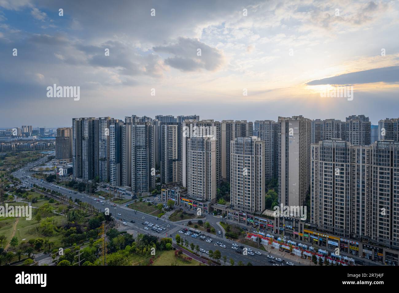 Sunset sunlight shining on the residential buildings in Chengdu Stock ...