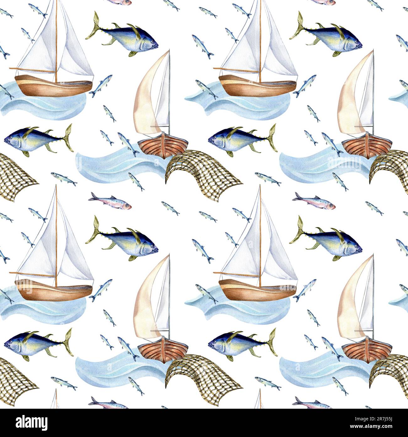 Seamless pattern of sea fish and sail boat watercolor illustration ...