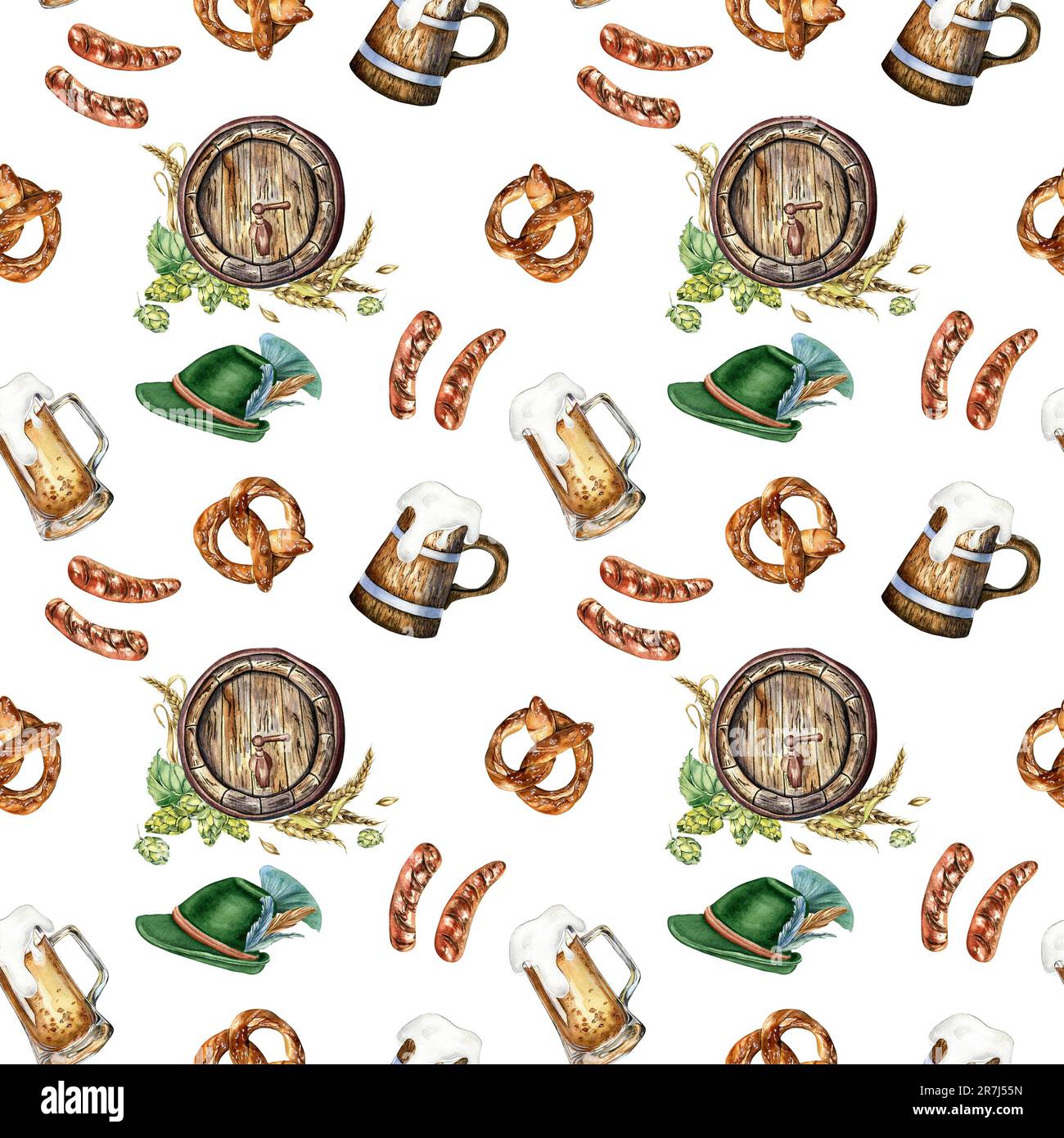 Wooden beer barrel and mug, german hat watercolor seamless pattern ...