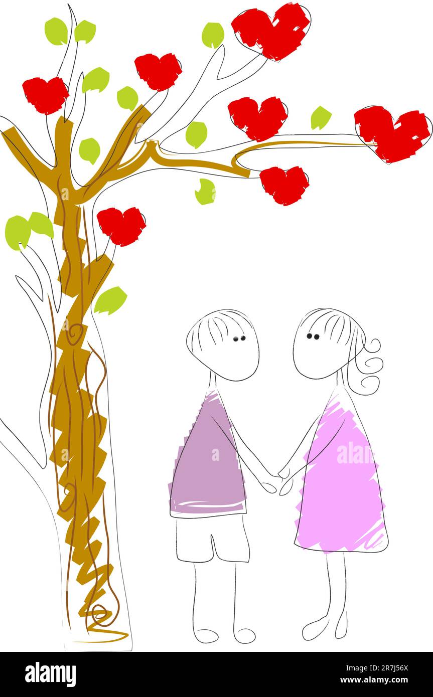 cute happiness love couple under heart tree Stock Vector Image & Art ...
