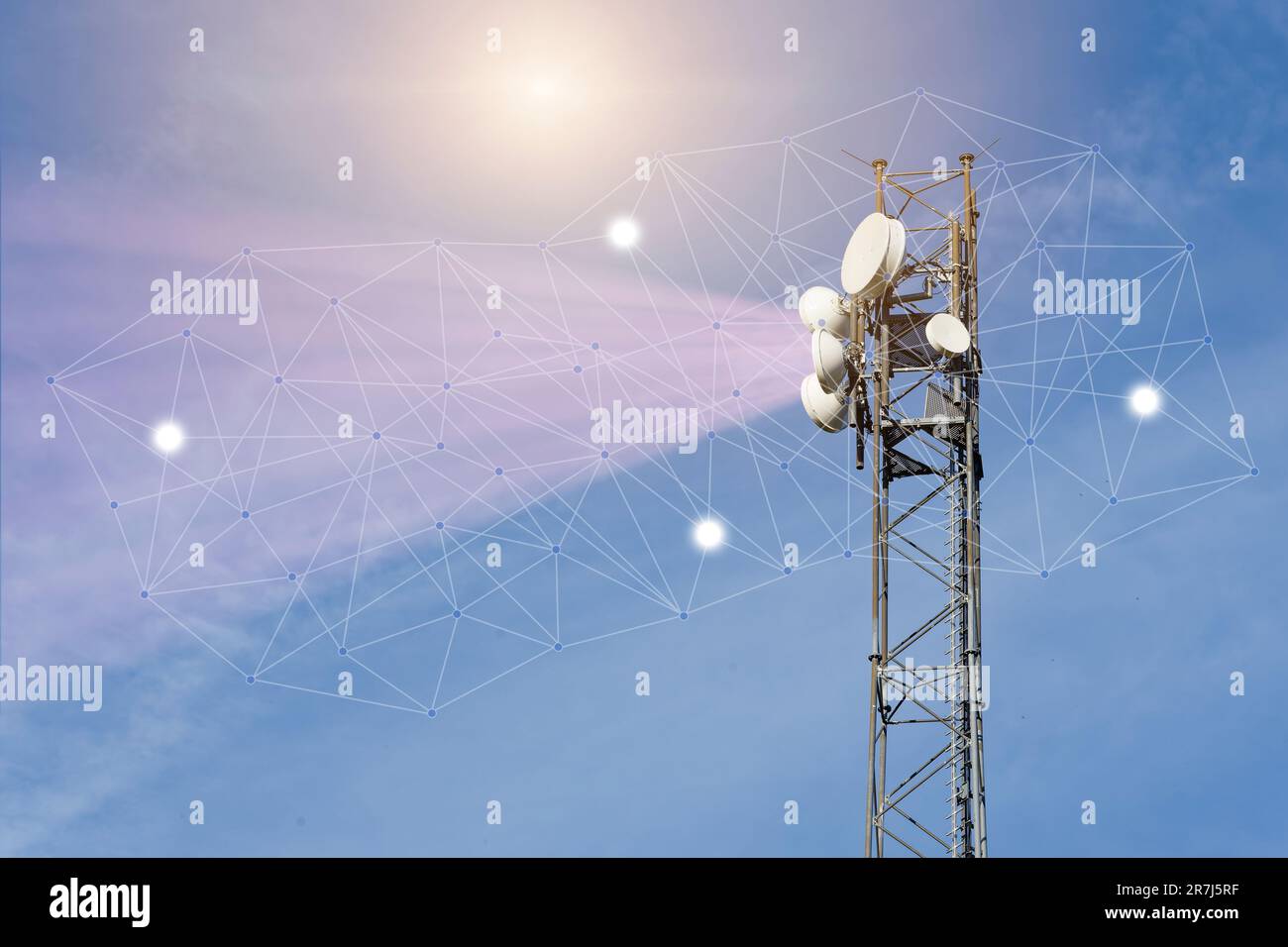 Close-up of a directional antenna in the backlight of the sun with ...