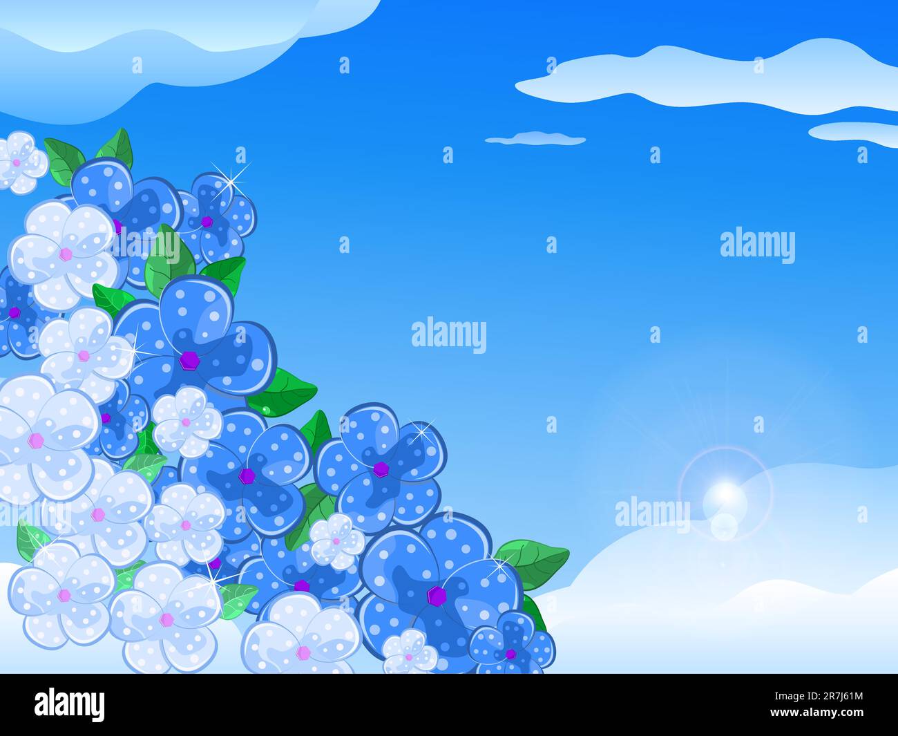 Blue and White Flowers In the Sky With Sunshine. Vector Illustration ...