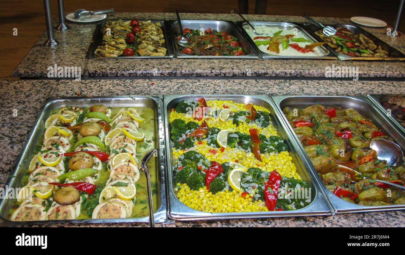 huge selection of varied food at self-service desks in Turkish hotels ...