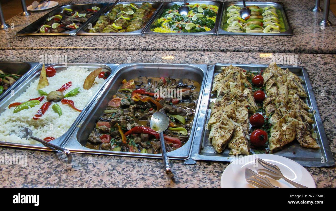 huge selection of varied food at self-service desks in Turkish hotels ...