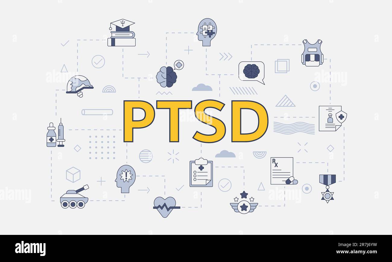 ptsd military trauma stress concept with icon set with big word or text ...