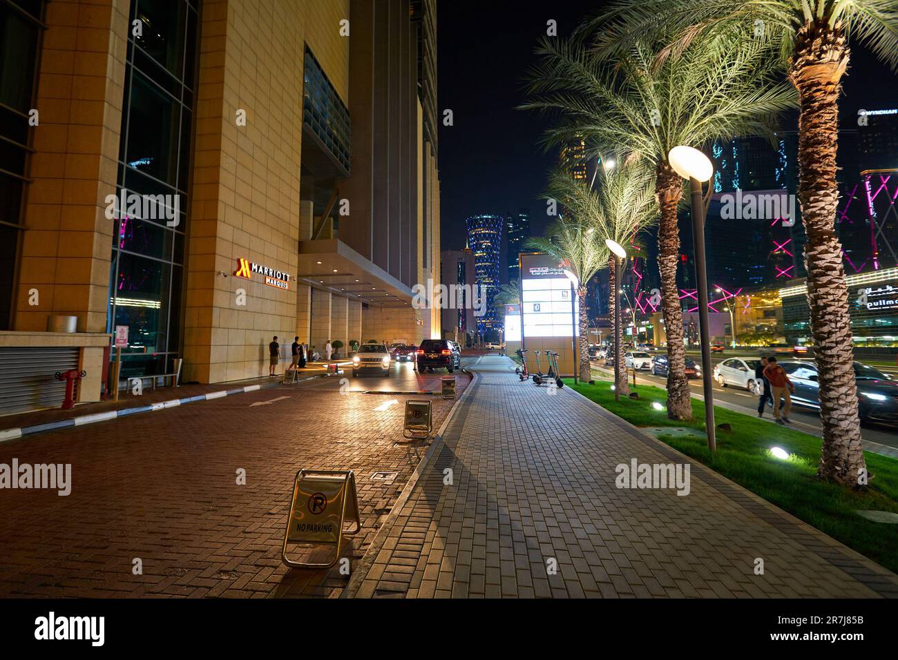 DOHA, QATAR - CIRCA MARCH, 2023: street level view of Marriott Marquis ...