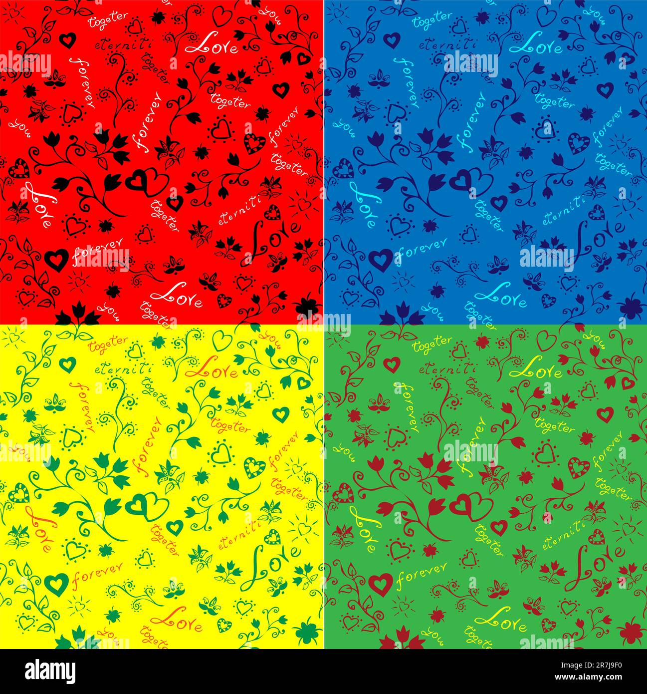 Seamless doodle love texture on four color background Stock Vector ...