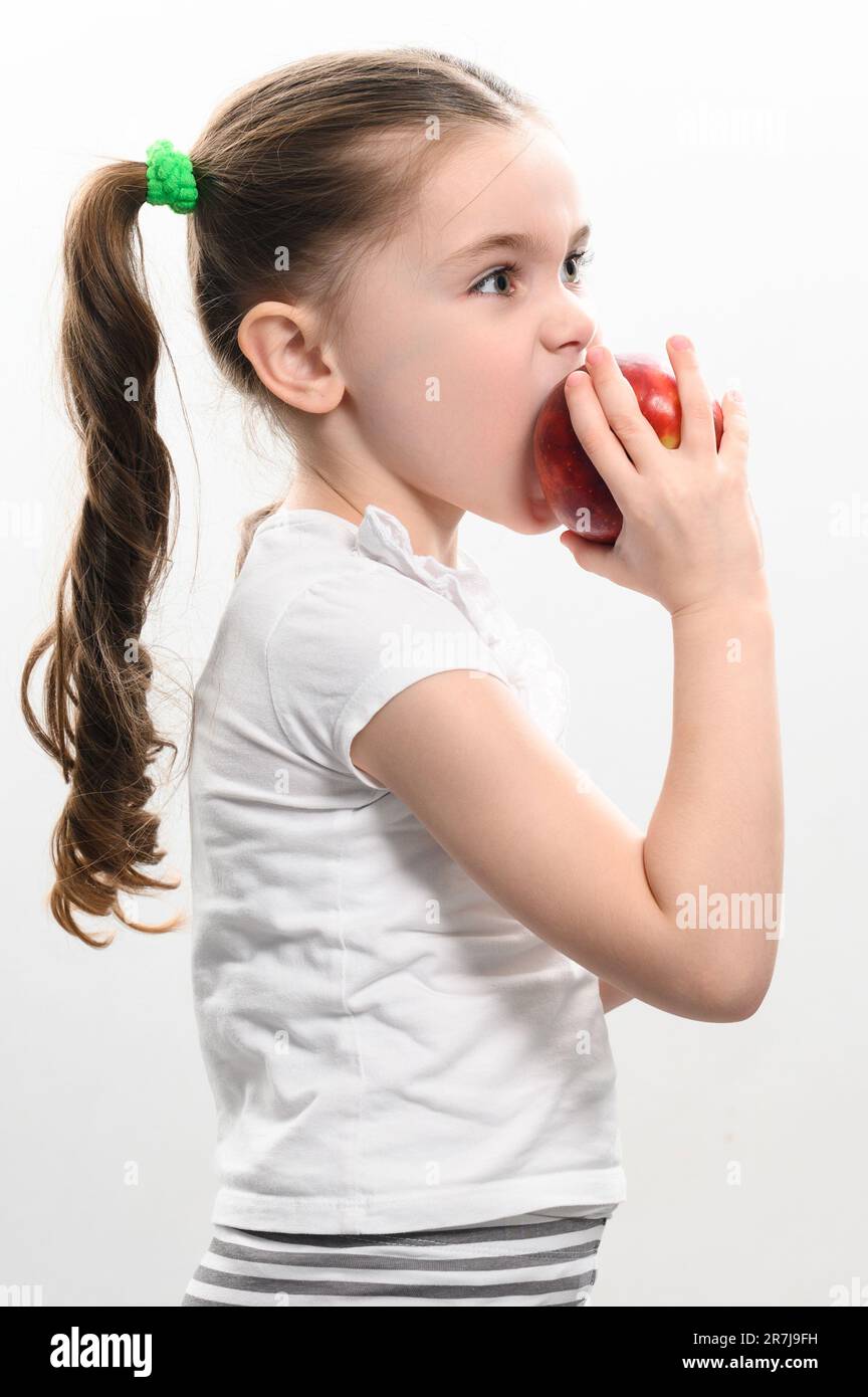 On a white background, a little girl bites a big red apple, copy space ...