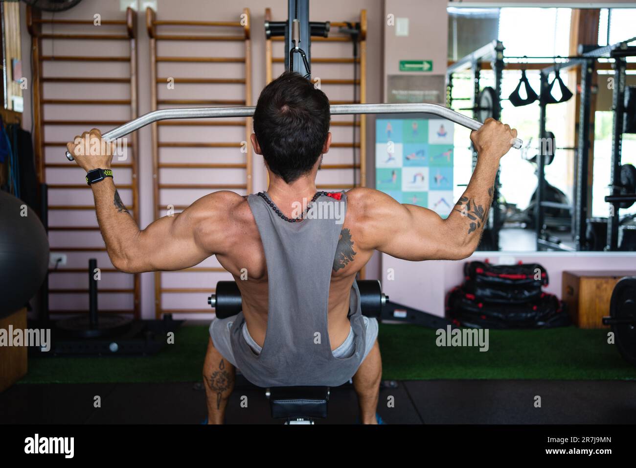 Rear view of a strong man doing weights with a bar in a gym Stock Photo ...