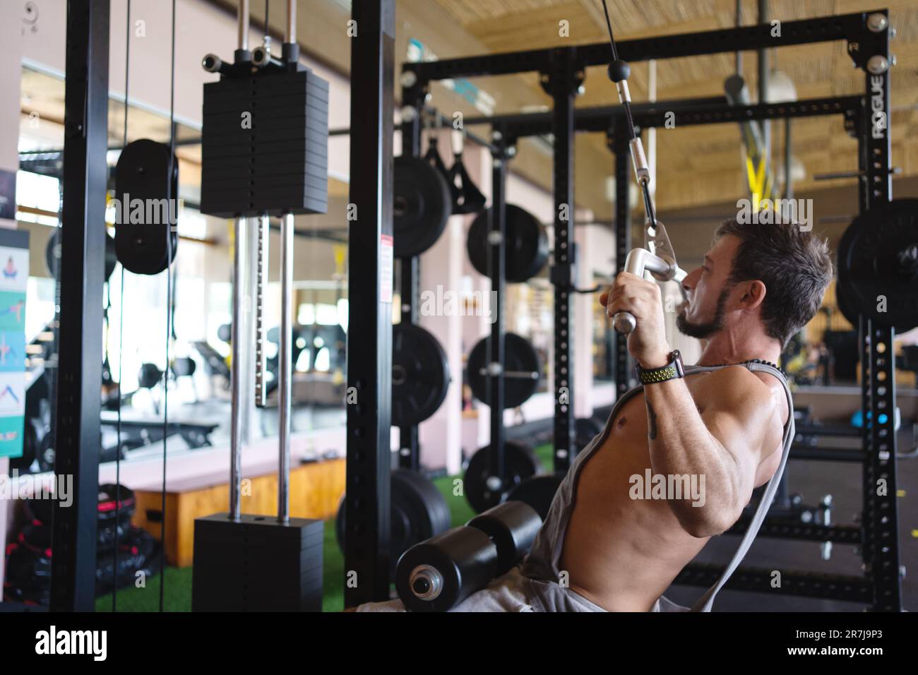 Profile of a strong man doing weights with a bar in a gym Stock Photo ...