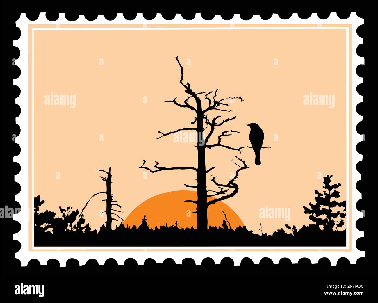 vector silhouette of the bird on tree on postage stamps Stock Vector ...