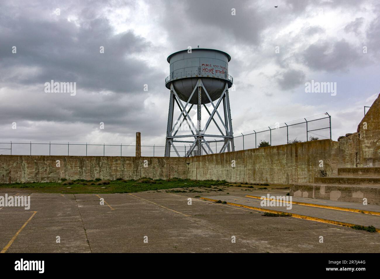 Water tower in the yard of the Alcatraz federal prison, located on an ...