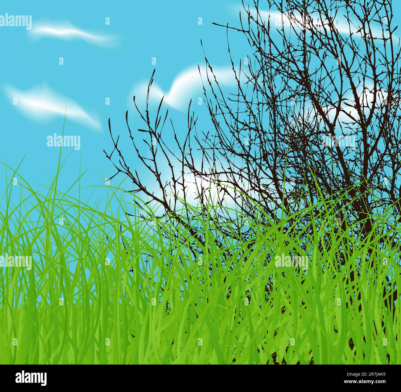 vector tree at spring green field and blue cloud sky Stock Vector Image ...