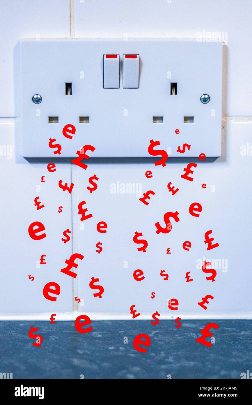UK mains plugs shown with pounds and dollars signs pouring out of the ...