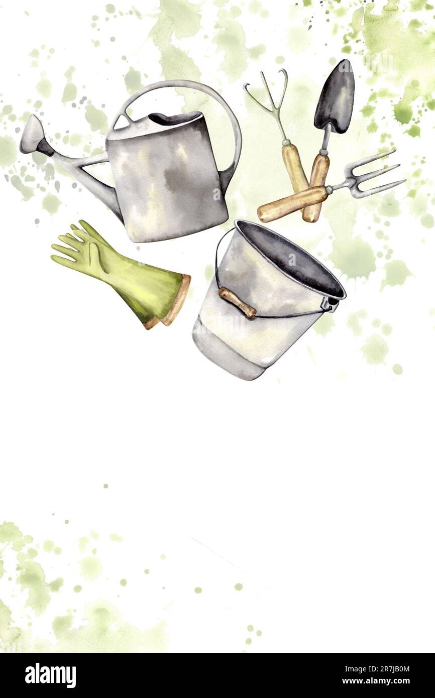 Garden aesthetic card contains watering can, bucket, gloves, shovel ...