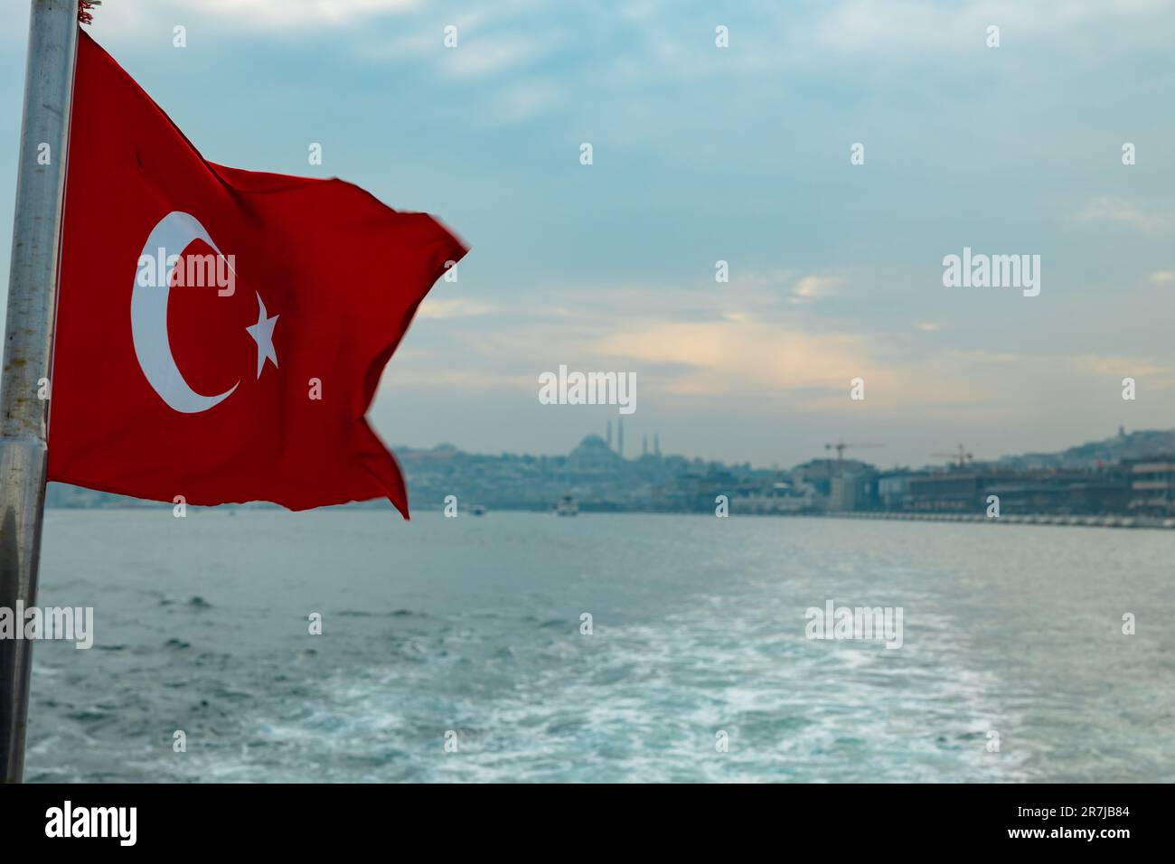 Turkish Flag and cityscape of Istanbul on the background. National days ...