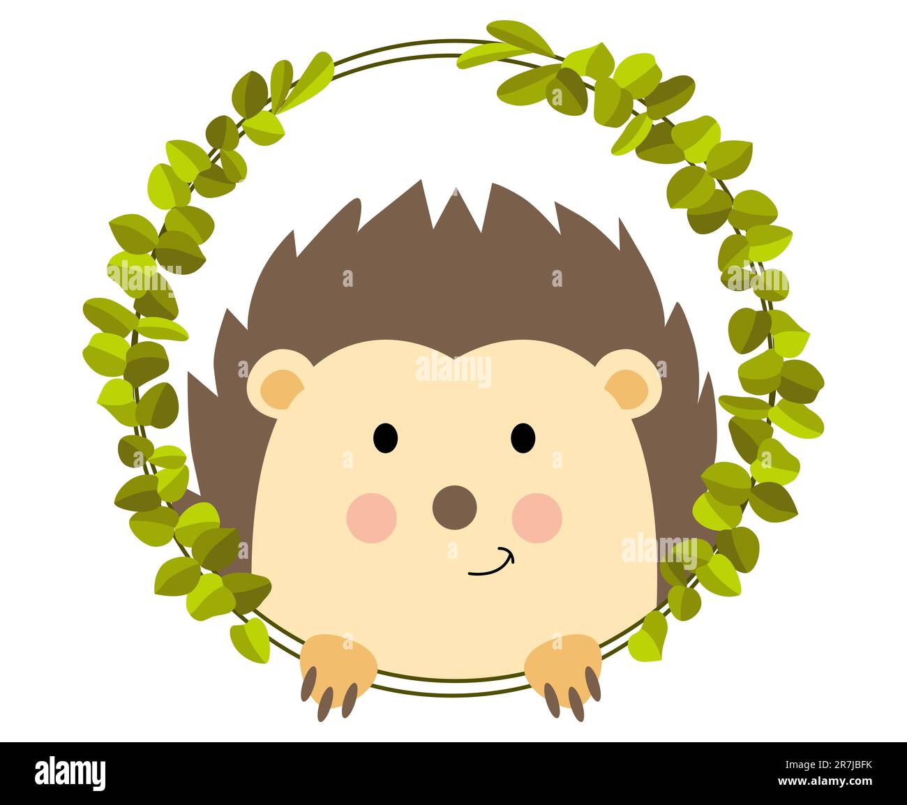 Friendly hedgehog peeking out of round leaves frame Stock Photo - Alamy