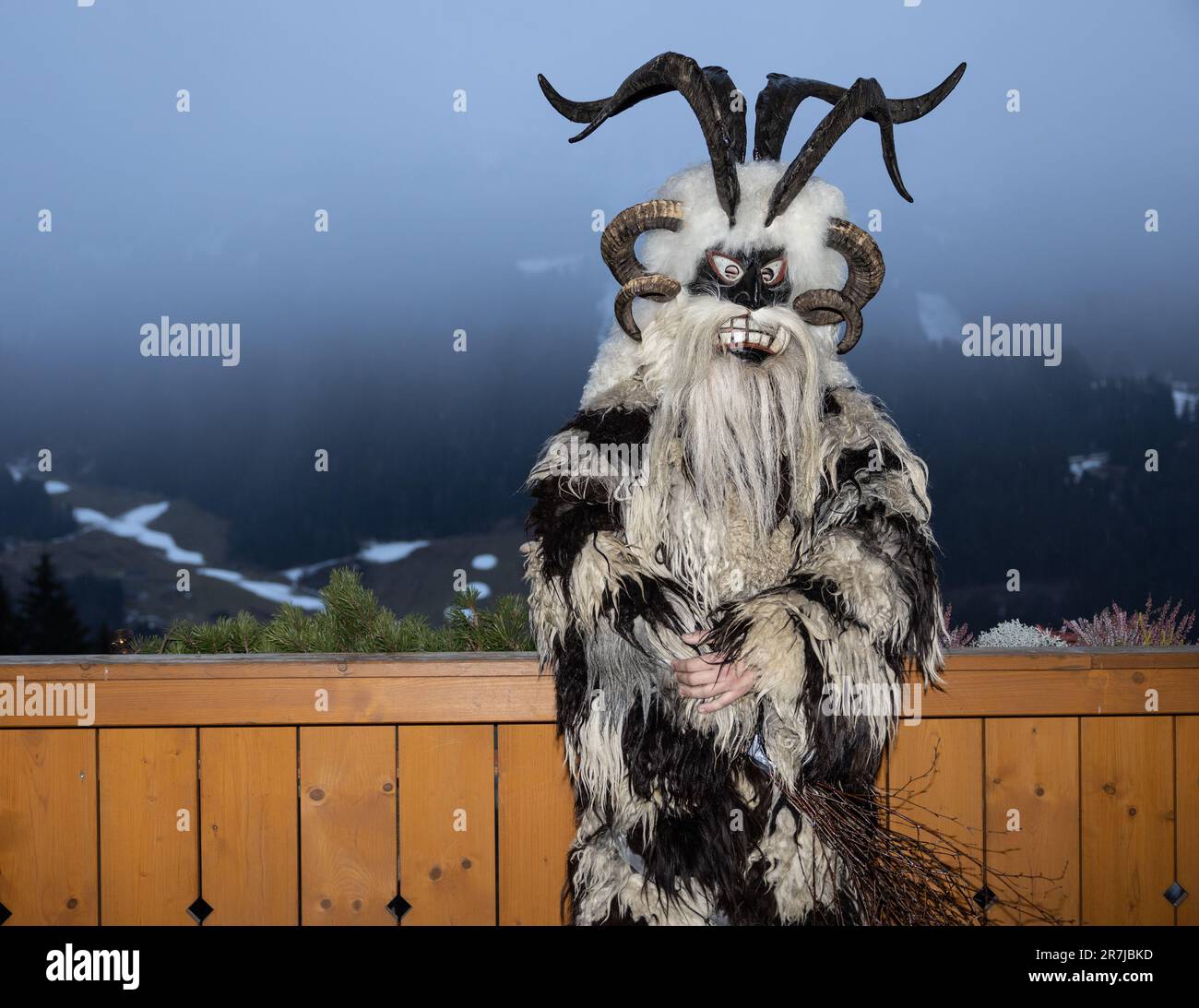 Krampus, the hero of Christmas legends, in a skin and a horned mask ...