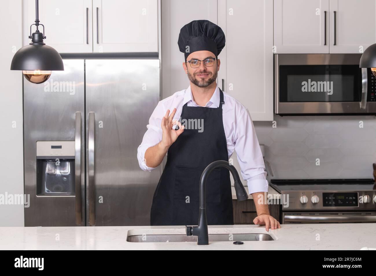 Chef cook with ok sign, delicious food. Man chef cooker baker ...