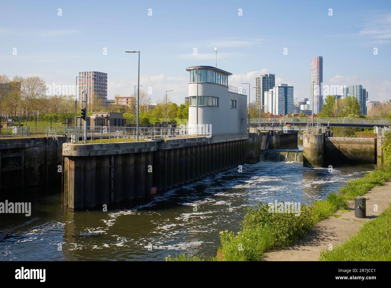 The weir at the modern Three Mills Lock near Stratford, London Stock ...