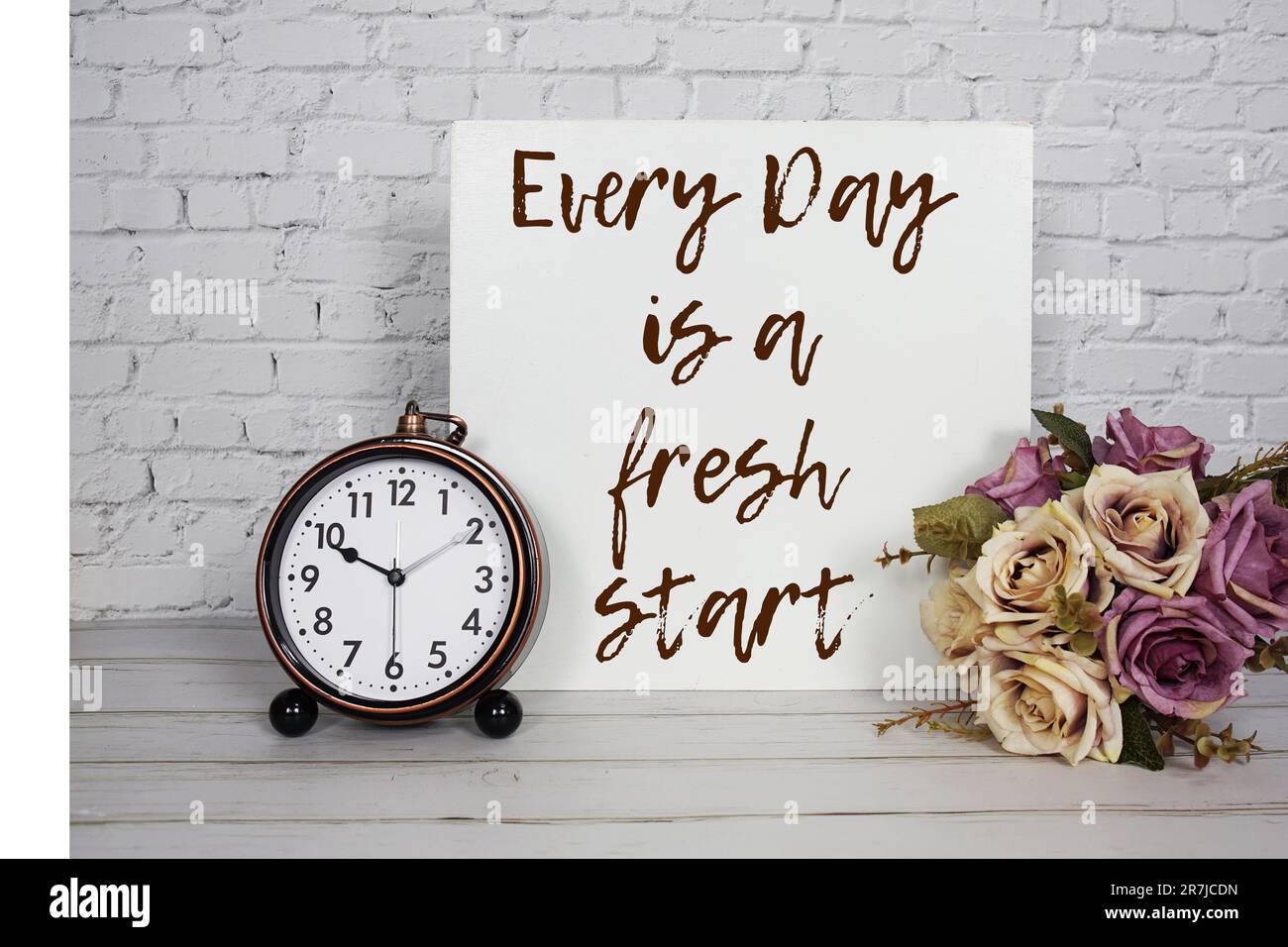 Every Day is a fresh start text message with alarm clock and flower ...
