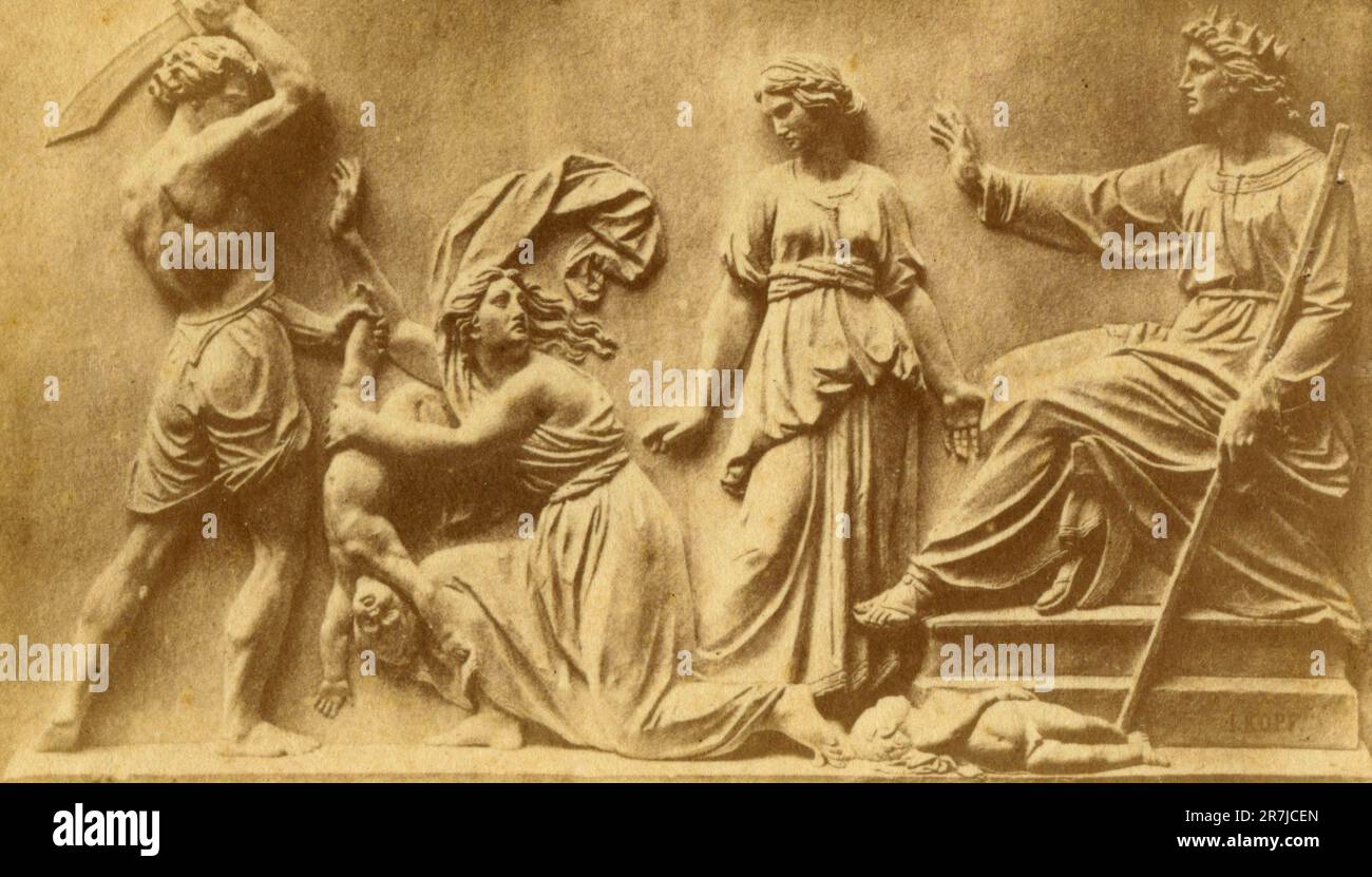 Man killing children with a scimitar, ancient Roman bas-relief, albumen ...