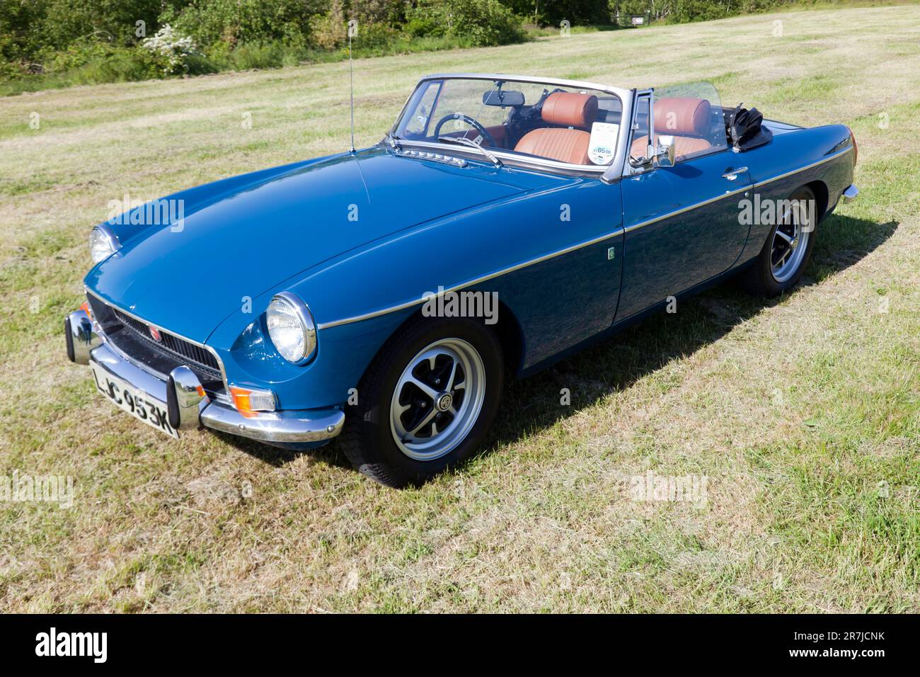 Three-quarter front view of a Blue, 1972, MGB, on display at the 2023 ...