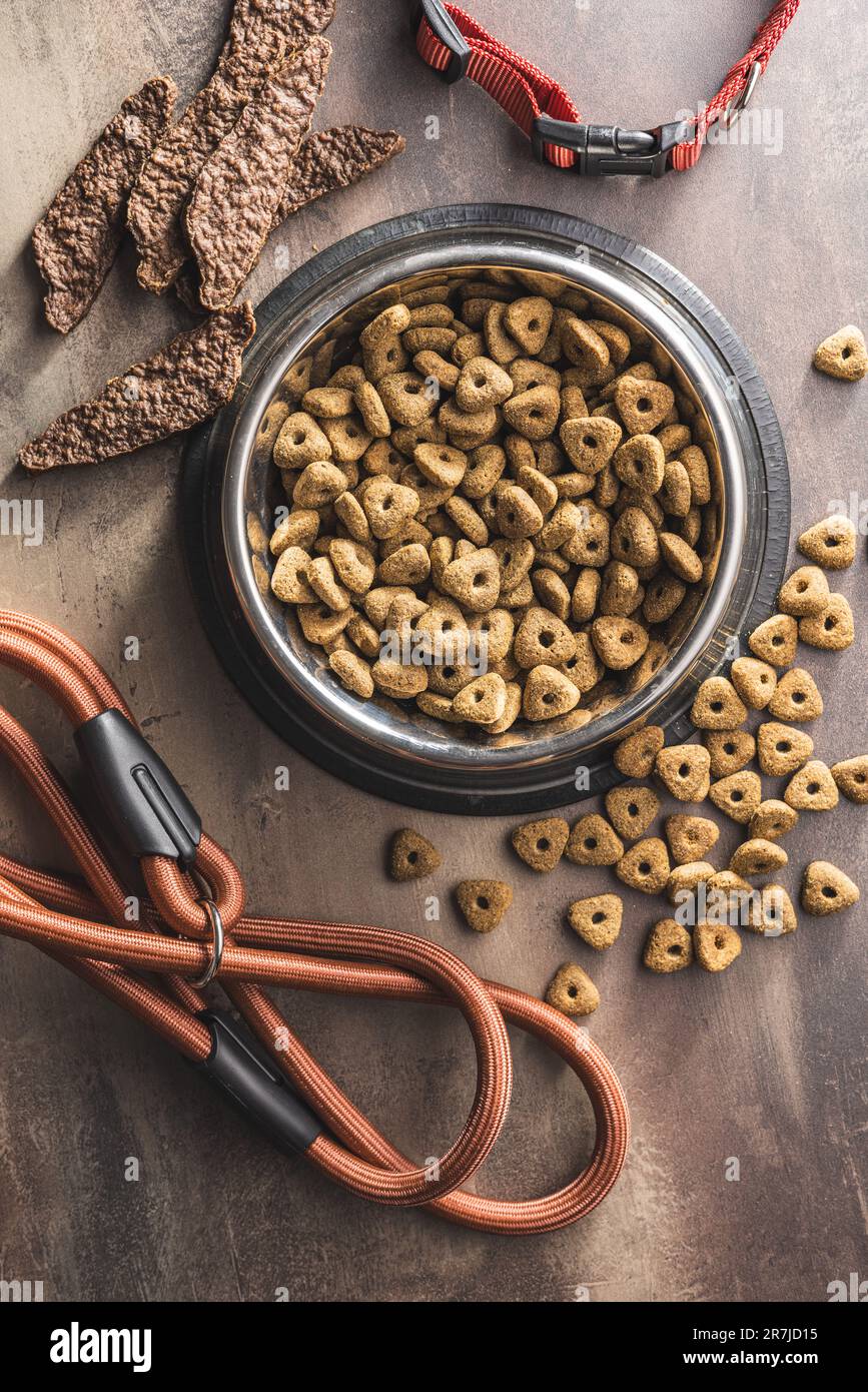 Dog lead and the dry pet food. Top view Stock Photo - Alamy