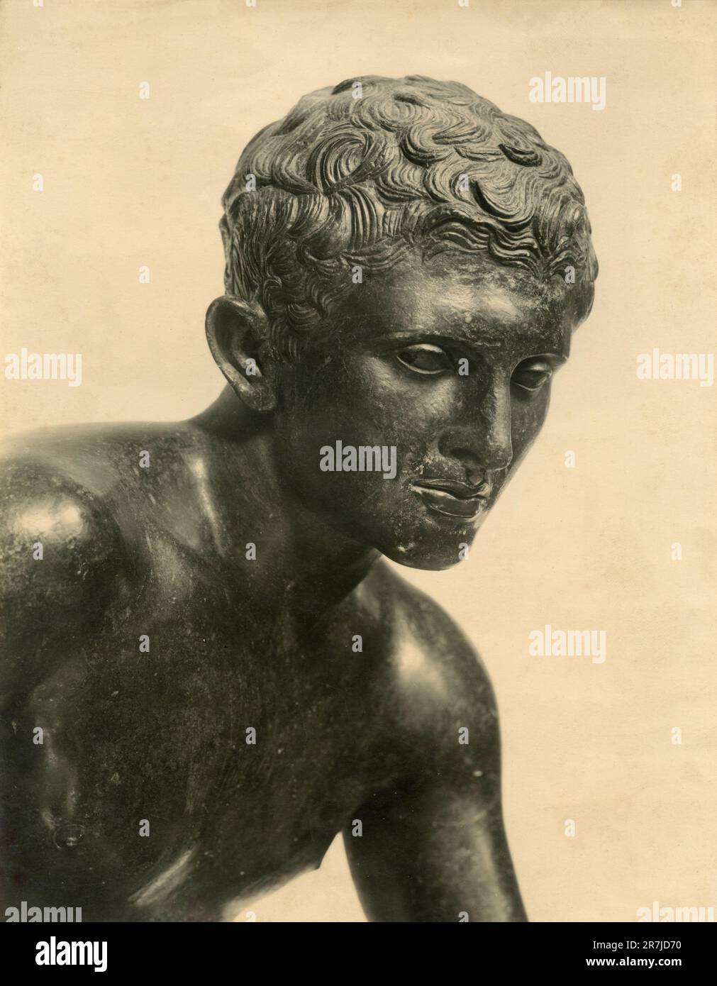 Detail of the head of Resting Hermes, ancient Greek bronze statue ...