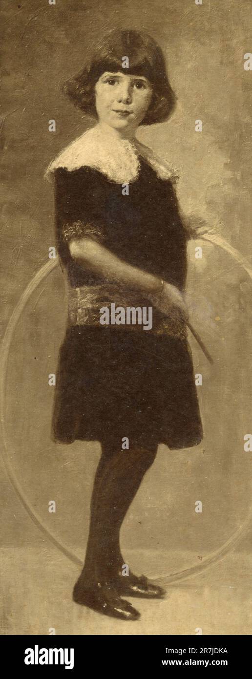 Portrait of a young girl playing with the hula hop, painting by artist ...