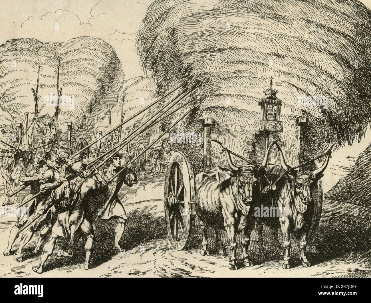 Wagons of hay being transported from the countryside to Rome, engraving ...