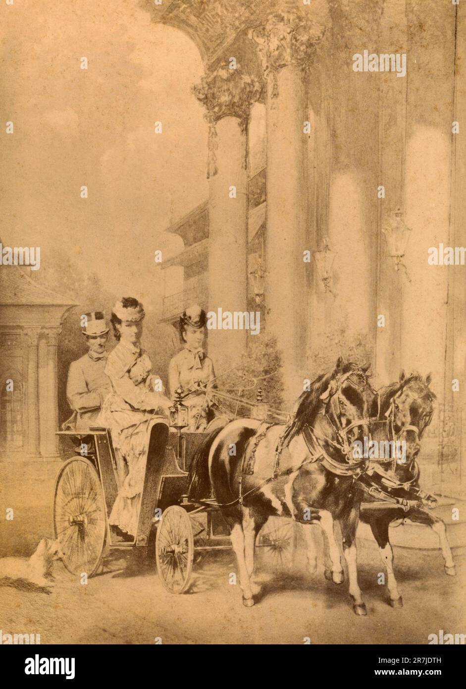 Two women and a man in a two-horse carriage, Dresden, Germany 1886 ...