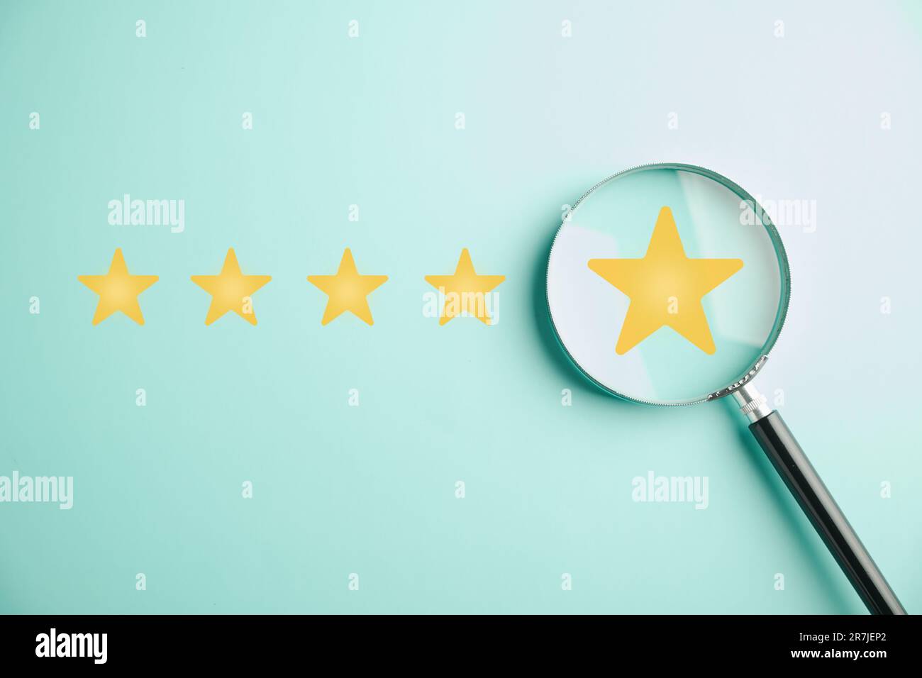 Magnifier glass inspecting five stars icon for customer rating service ...